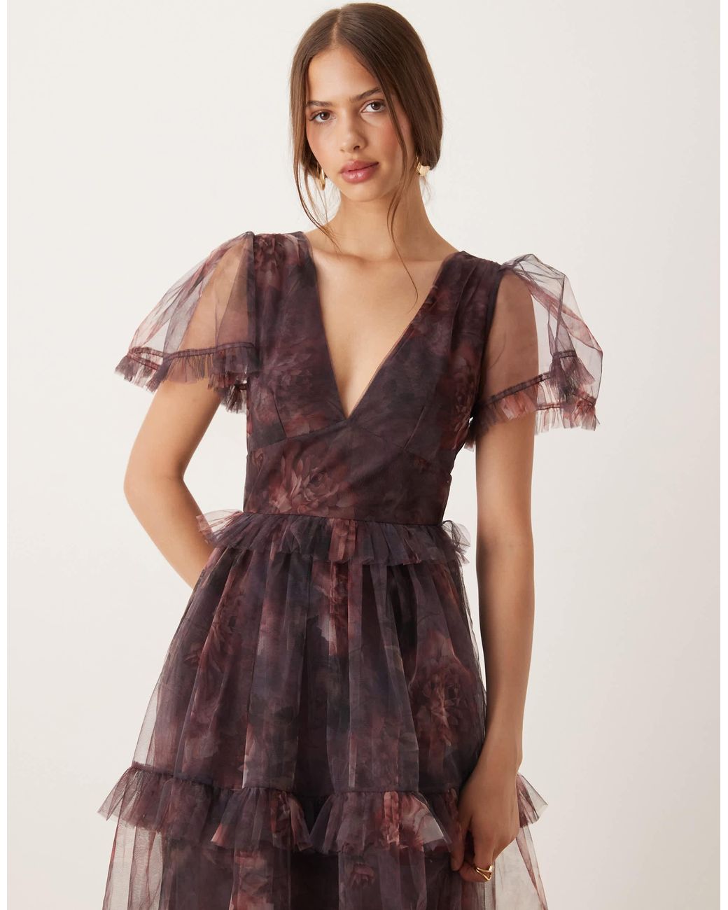 LACE & BEADS Sheer Sleeve Ruffle Maxi Dress With Sheer Skirt in Brown ...