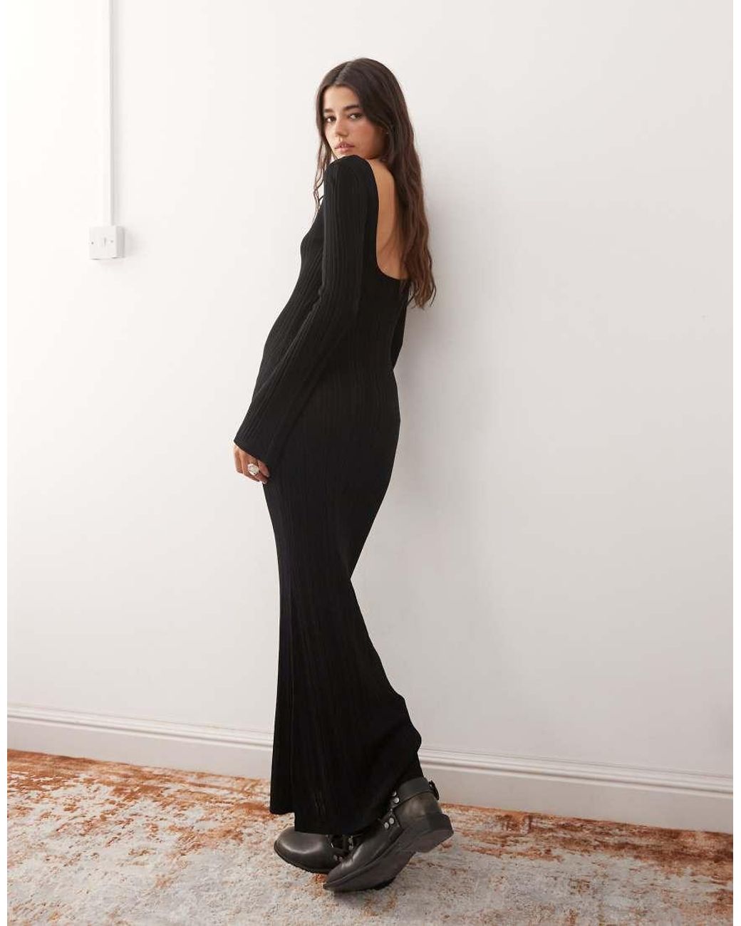 Monki Long Sleeve Knit Slim Fit Maxi Dress in Black | Lyst UK