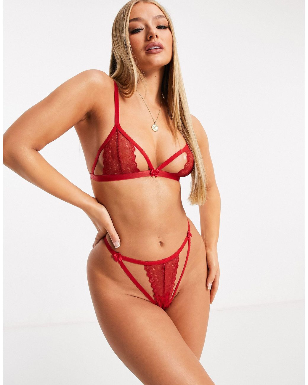 ASOS Lace Barely There Thong in Red | Lyst