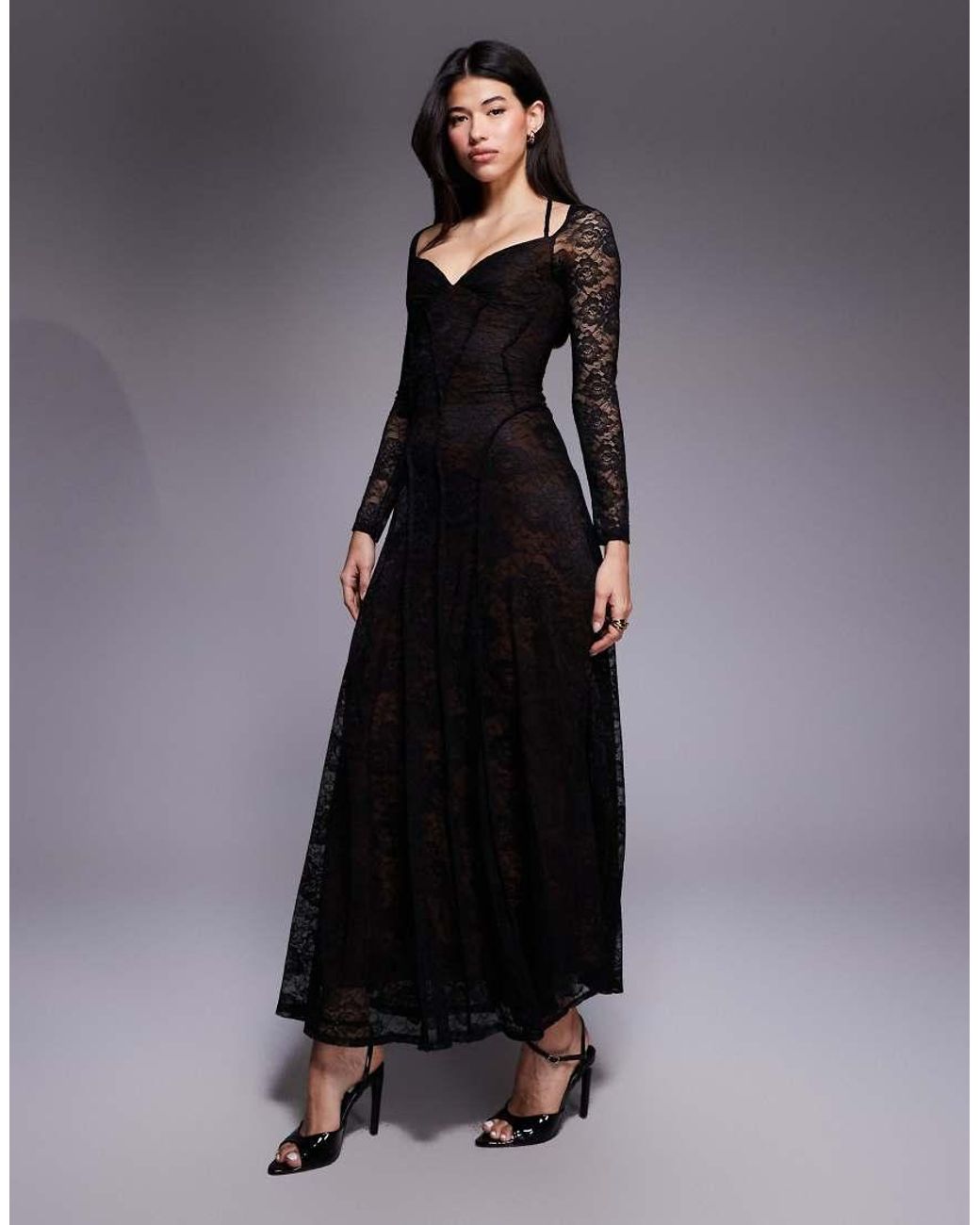 ASOS Long Sleeve Lace Maxi Dress With Seam Detail in Blue | Lyst UK