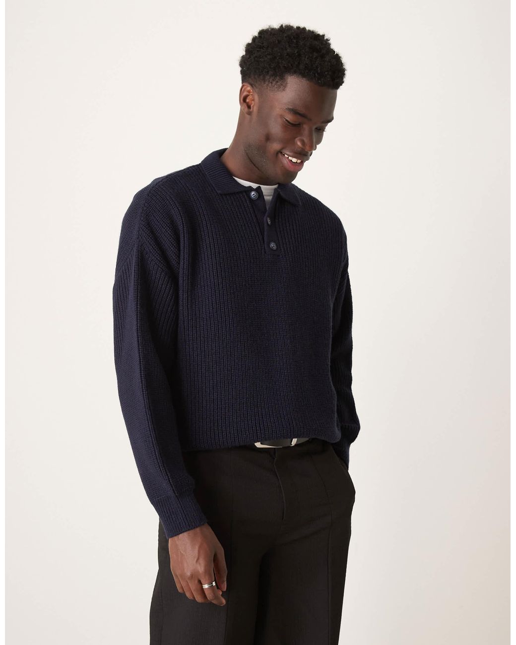 ASOS Oversized Boxy Fit Ribbed Knitted Polo in Blue for Men | Lyst
