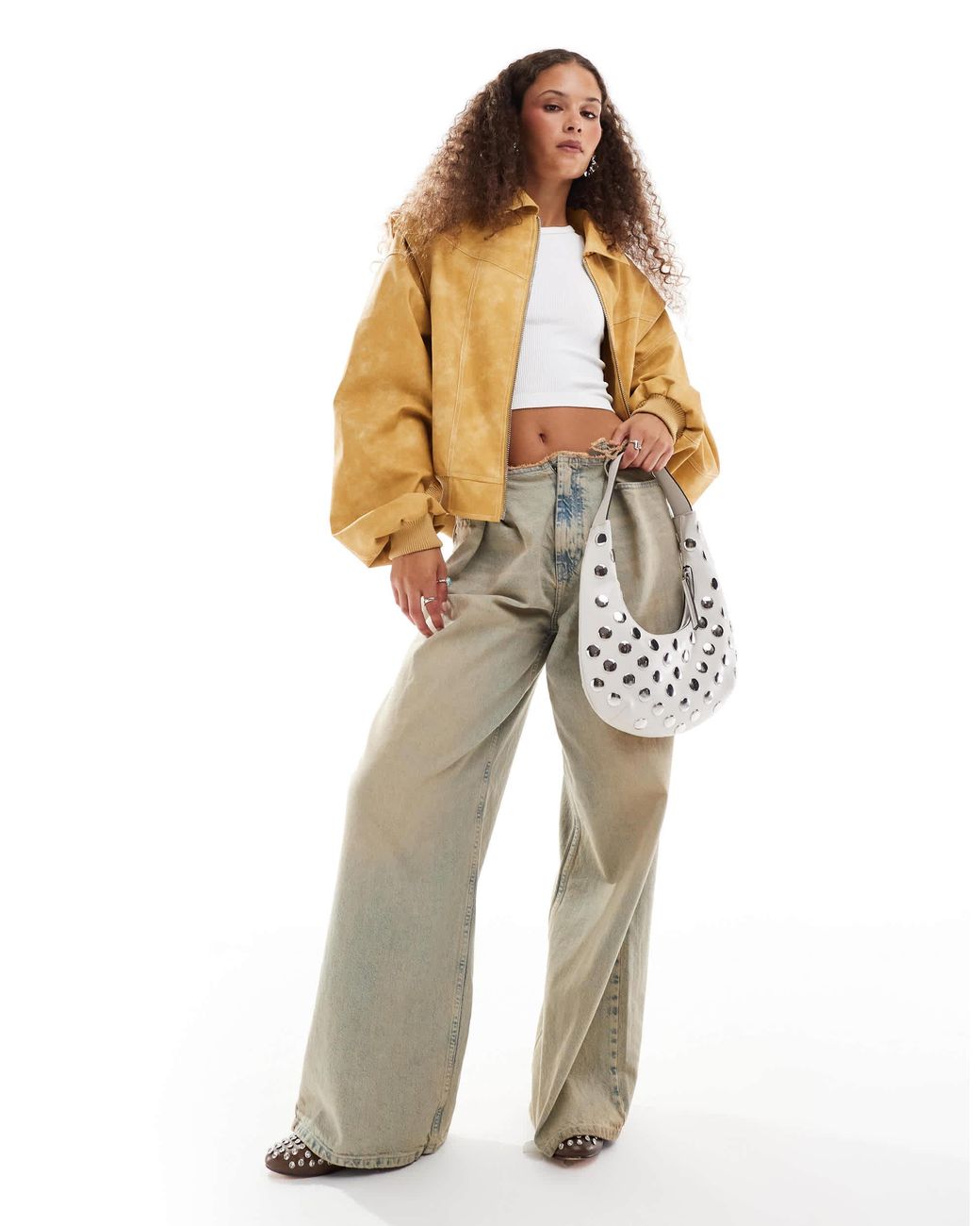 Lioness Leather Look Bomber Jacket in Natural | Lyst