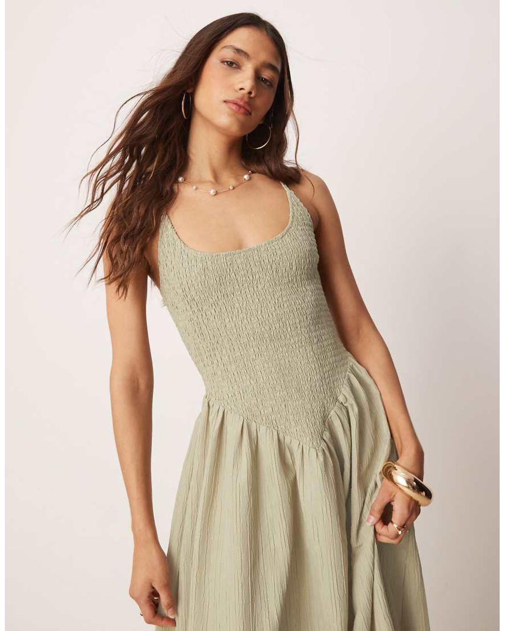 ASOS Scoop Neck Crinkle Maxi Dress With Cross Back in Natural | Lyst UK