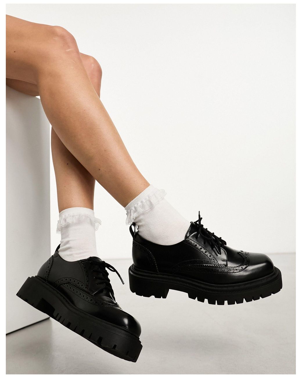 Monki Chunky Lace Up Brogue Shoe With Cleated Sole in Black | Lyst