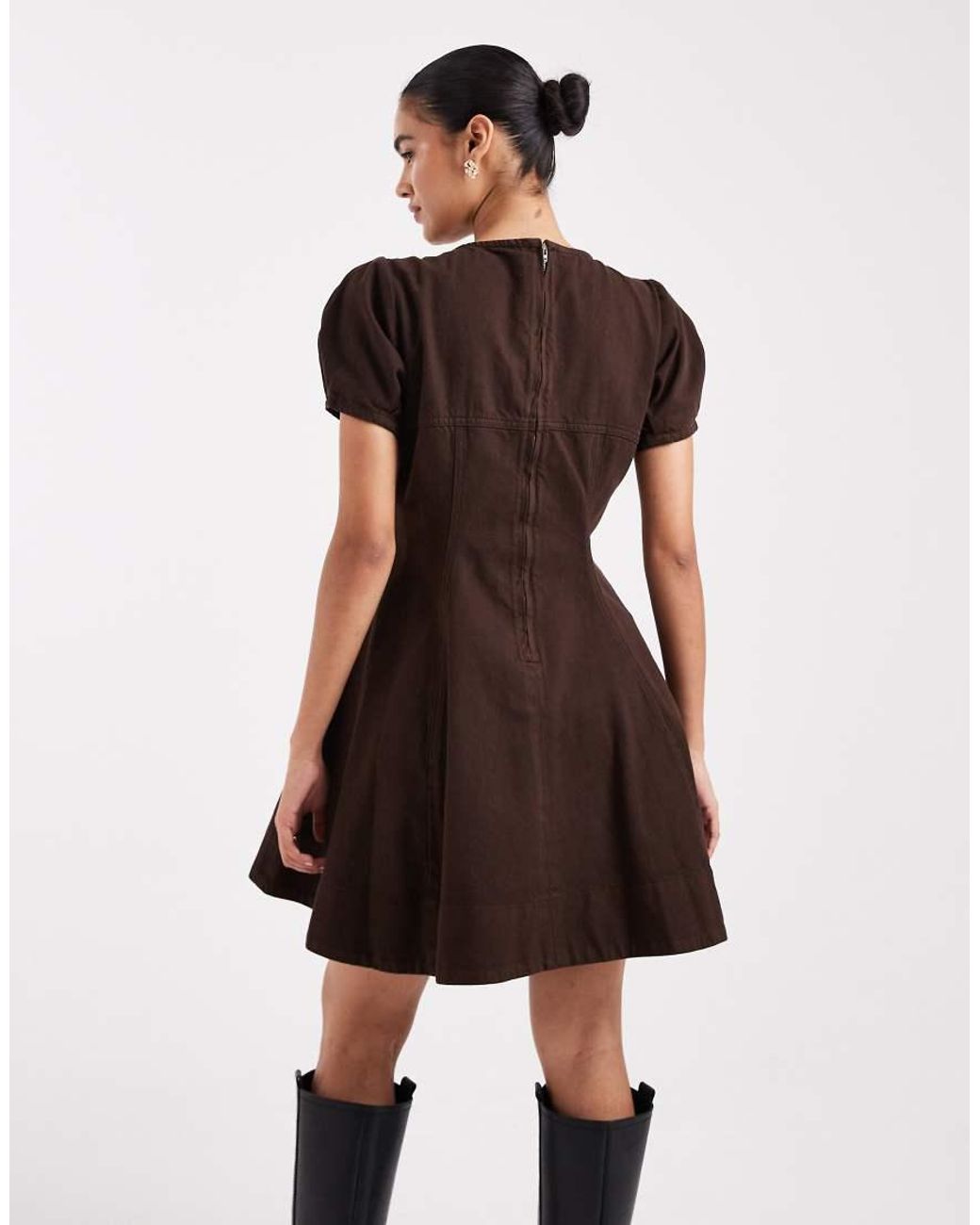 ASOS Denim Seamed Mini Dress in Brown | Lyst UK