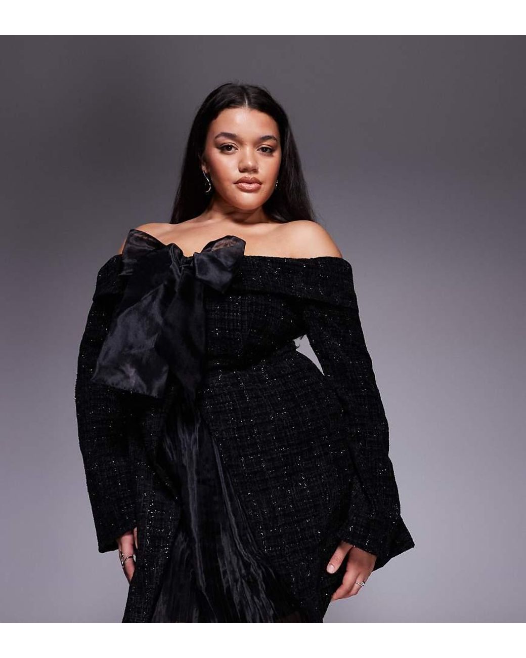 ASOS Curve Boucle Bardot Mini Dress With Pleated Skirt And Bow in Black ...