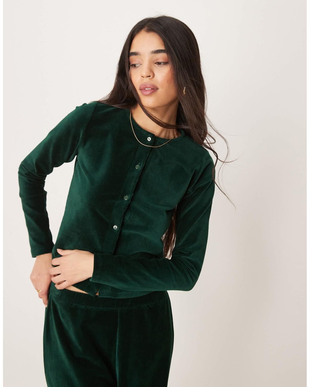 ASOS Velvet Cord Shrunken Cardigan in Green | Lyst
