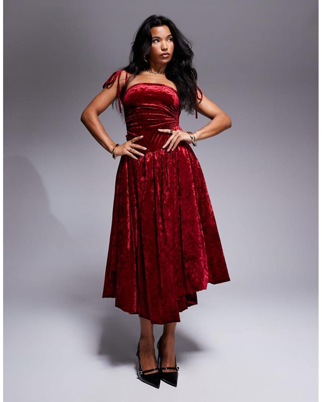 Amy Lynn Alexa Puffball Shoulder Tie Midi Dress in Red | Lyst UK