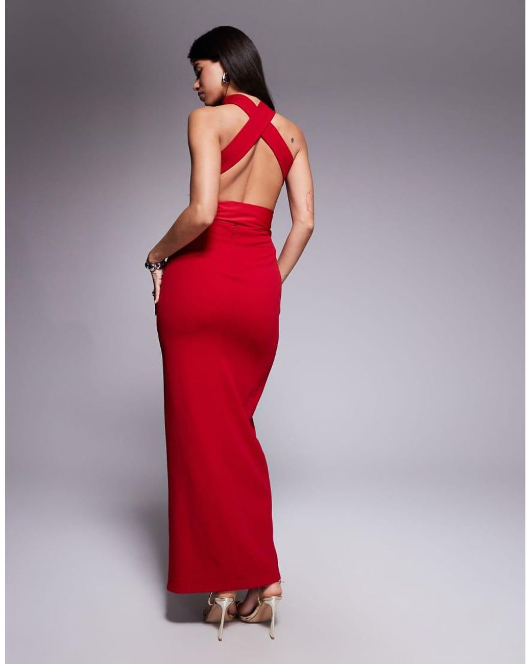 ASOS Halter Maxi Dress With Slit And Knot Belt in Red | Lyst UK