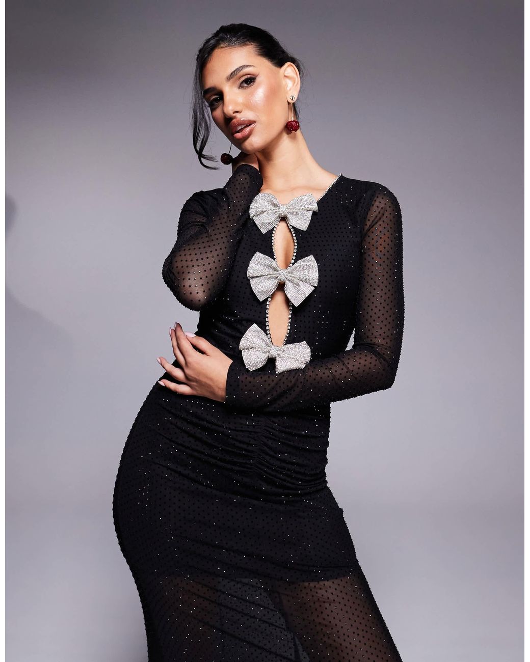 Lavish Alice Rhinestone Embellished Mesh Maxi Dress in Gray | Lyst