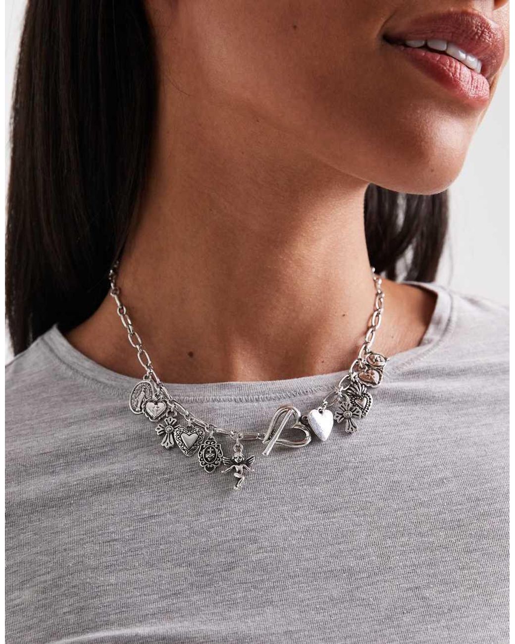 ASOS Short Necklace With Eclectic Charms in Grey | Lyst UK
