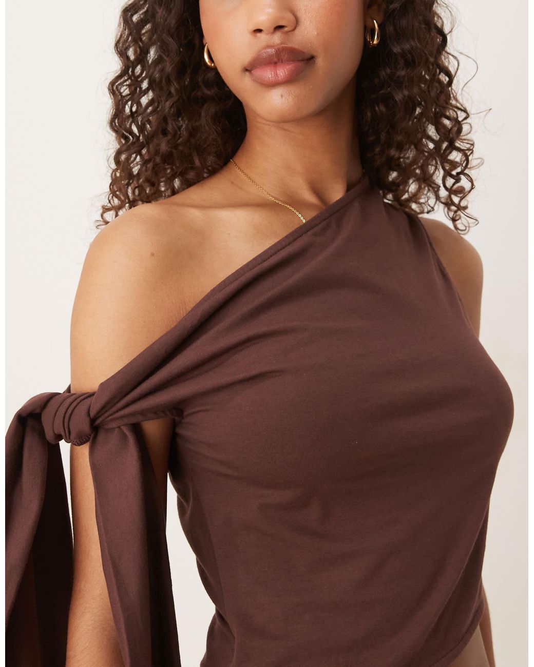 ASOS Fallen Shoulder Midi Dress With Tie Detail in Brown | Lyst