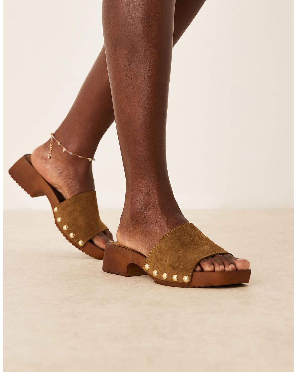 ASOS Flare Premium Suede Mule Sandal Clogs in Brown | Lyst
