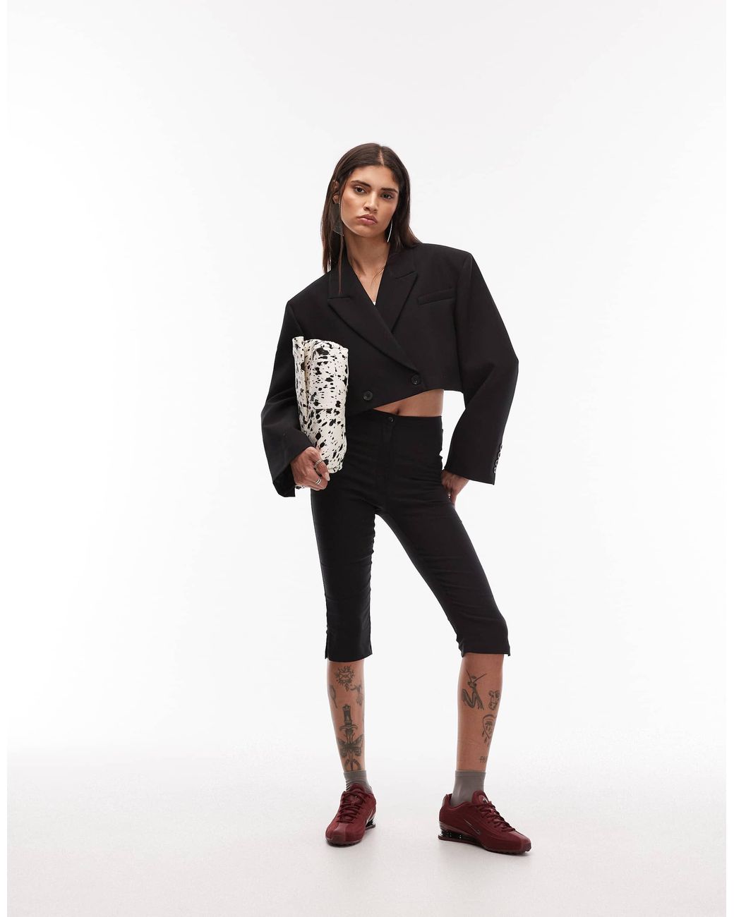ASOS Double Breasted Crop Boxy Blazer With Shoulder Pads in Black | Lyst