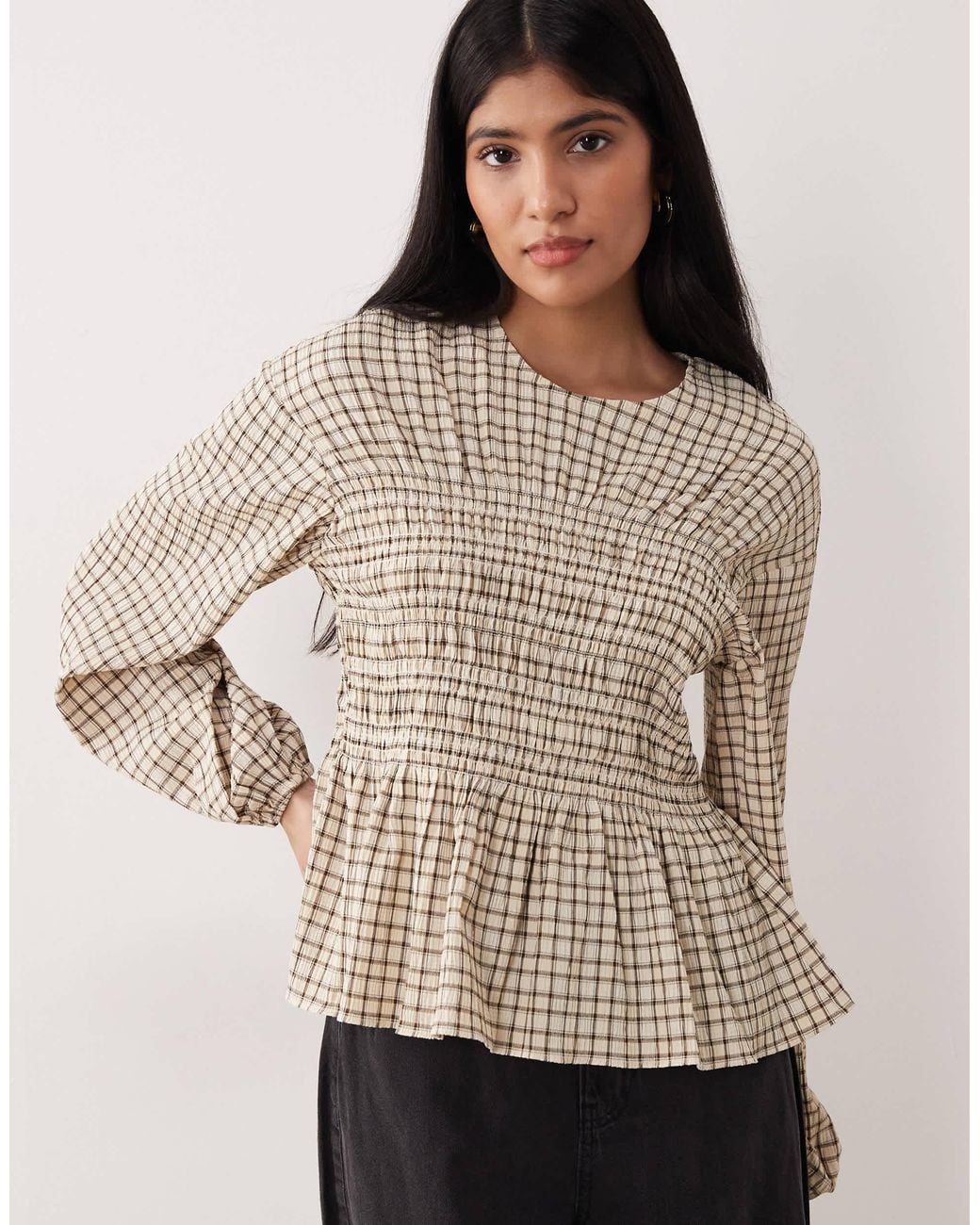 Nobody's Child Charlize Shirred Peplum Top in Brown | Lyst