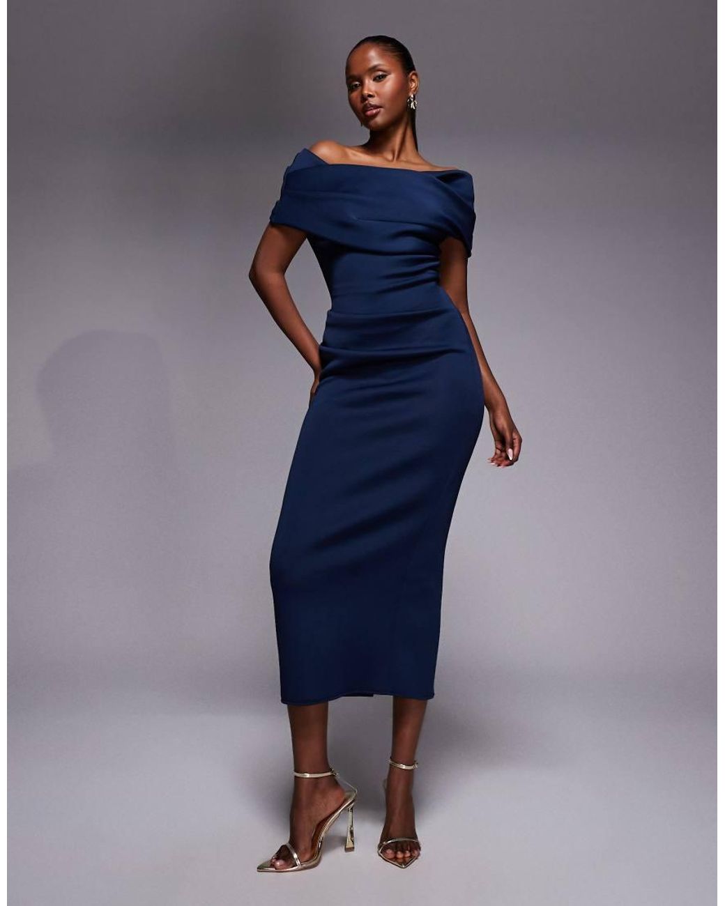 ASOS Ruched Off The Shoulder Midi Dress in Blue | Lyst UK