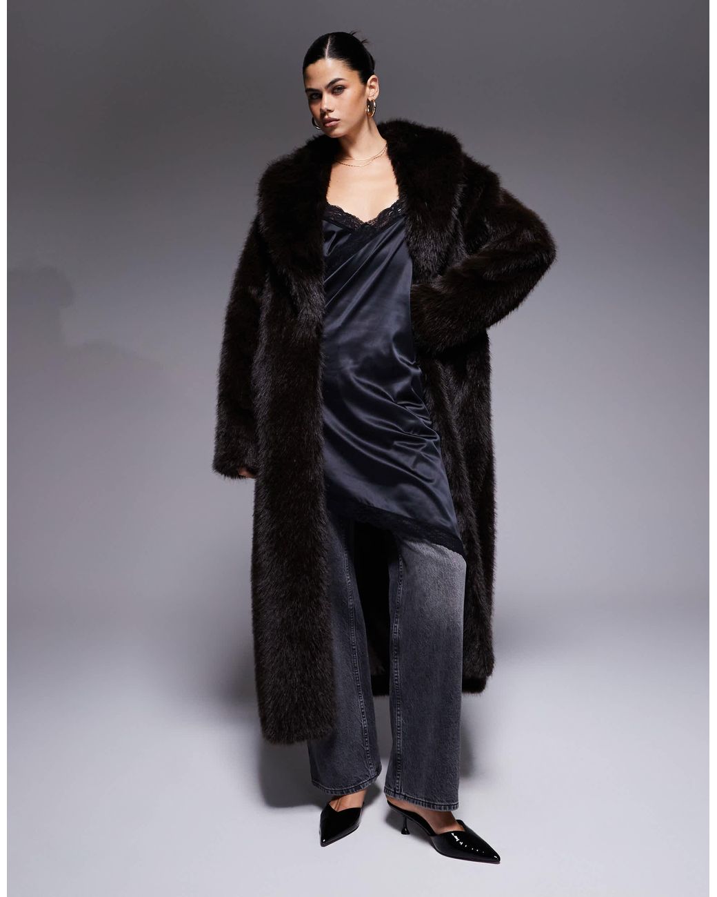Aria Cove Oversized Collared Maxi Faux Fur Jacket in Black | Lyst