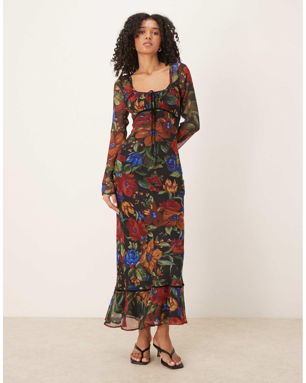 ASOS Ruched Bust Scoop Long Sleeve Maxi Dress in Natural | Lyst