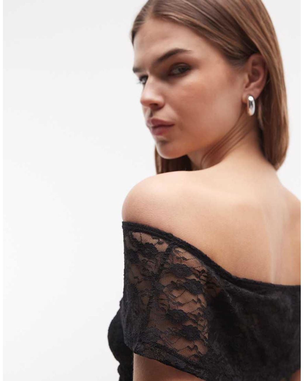 ASOS Sheer Lace Cut Out Bardot Detail Top in Black | Lyst UK
