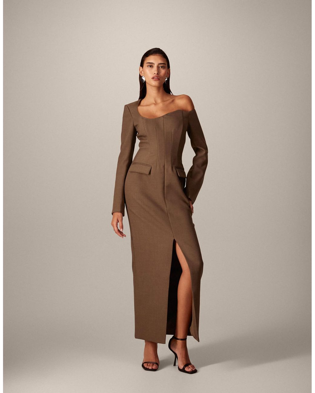 ARRANGE Wave Neckline Asymmetric Structured Midi Dress in Natural | Lyst
