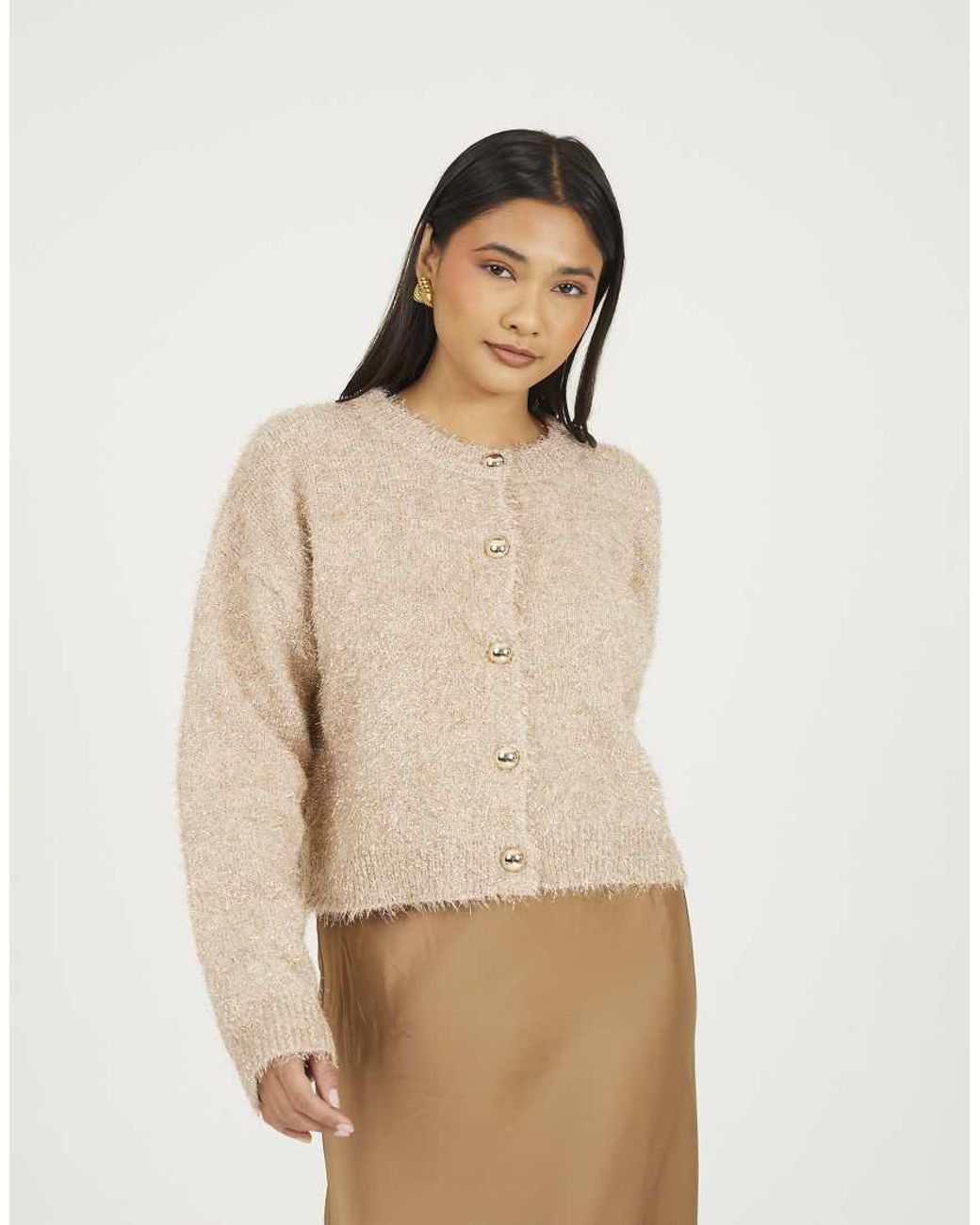 Brave Soul Fluffy Tinsel Knit Cardigan in Natural | Lyst UK