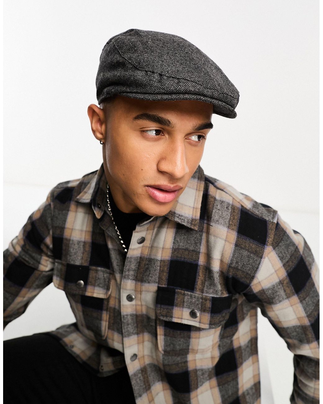 Ben Sherman Herringbone Flat Cap in Black for Men | Lyst UK