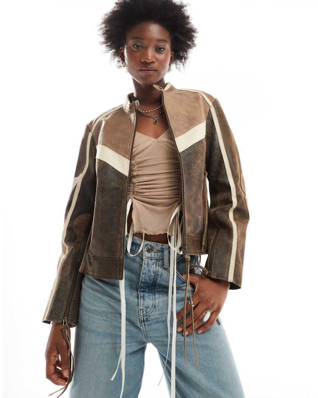 Urbancode Panelled Leather Motor Biker Jacket in Blue | Lyst UK