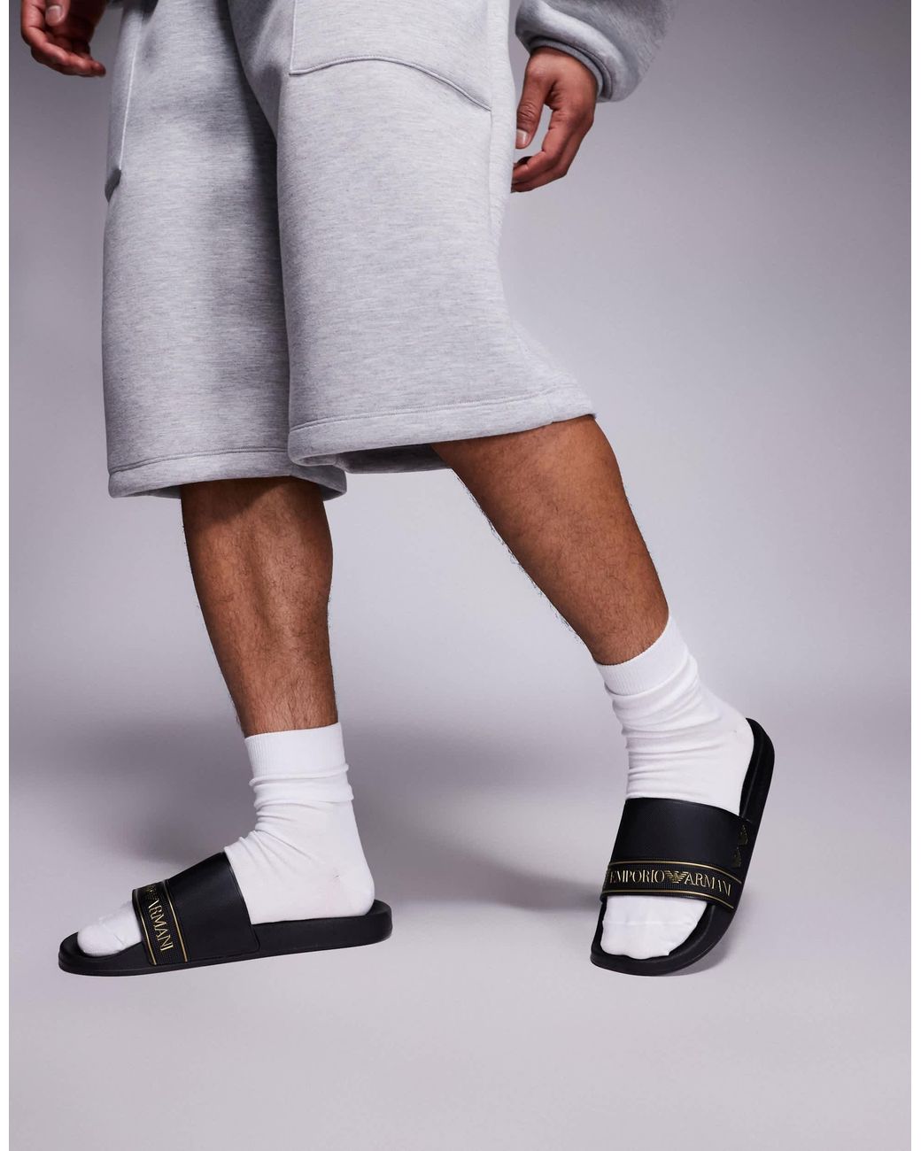 EA7 Armani Gold Logo Beach Slides in Gray for Men | Lyst