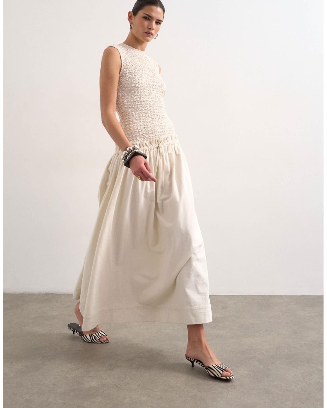 TOPSHOP Dropped Waist Heavy Cotton Maxi Dress in Natural | Lyst