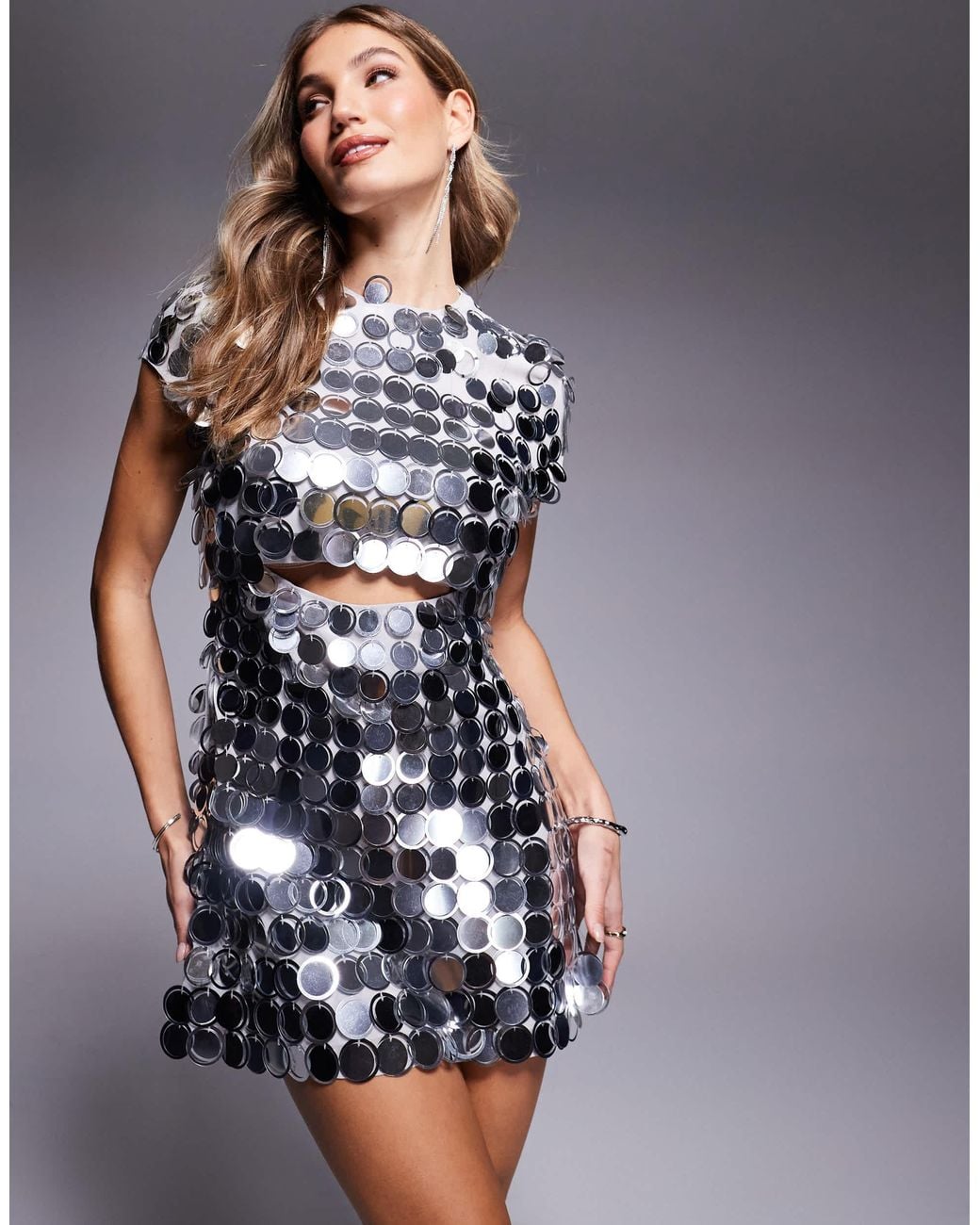 ASOS High Neck Cap Sleeve Disc Sequin Mini Dress With Cut Out in Blue ...