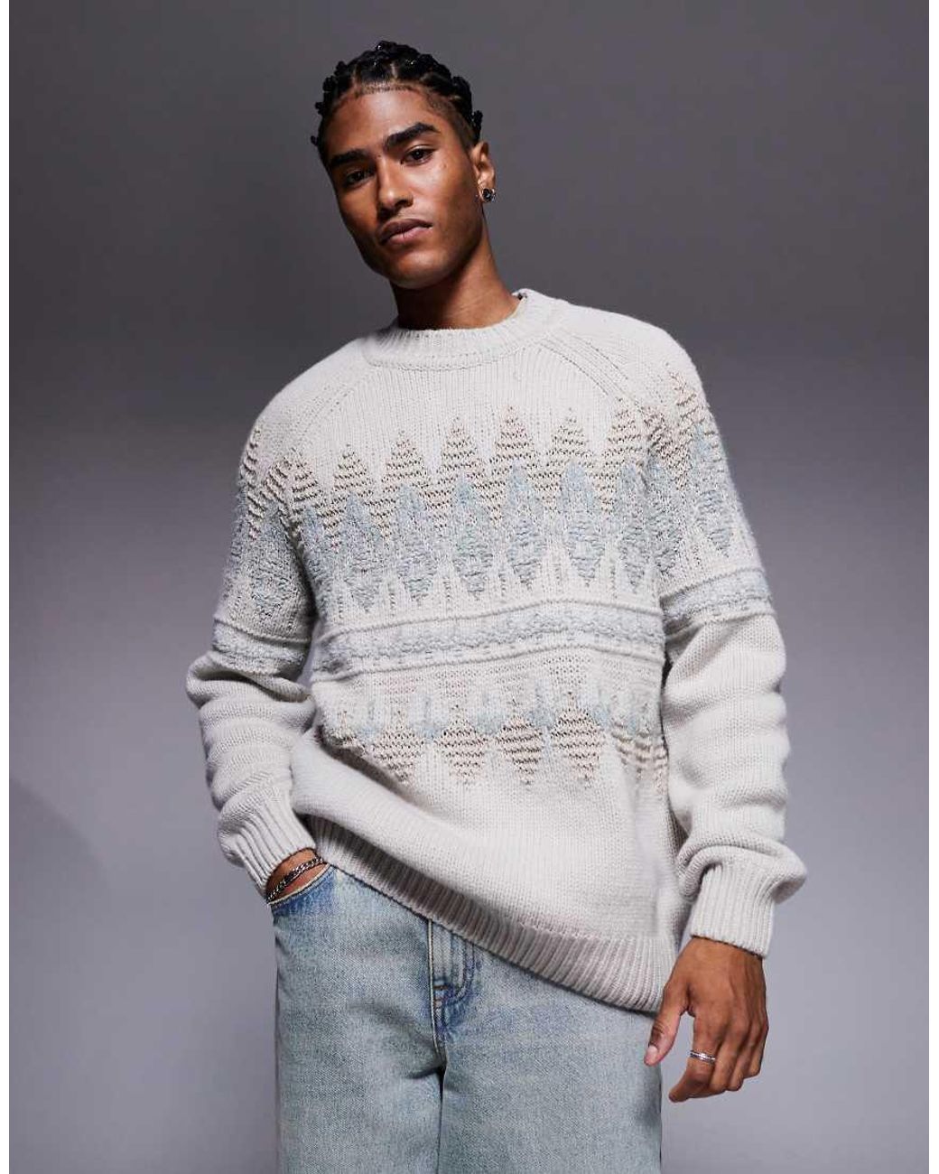 BOSS Karombo Relaxed Fit Textured Fair Isle Knitted Jumper in Grey for ...