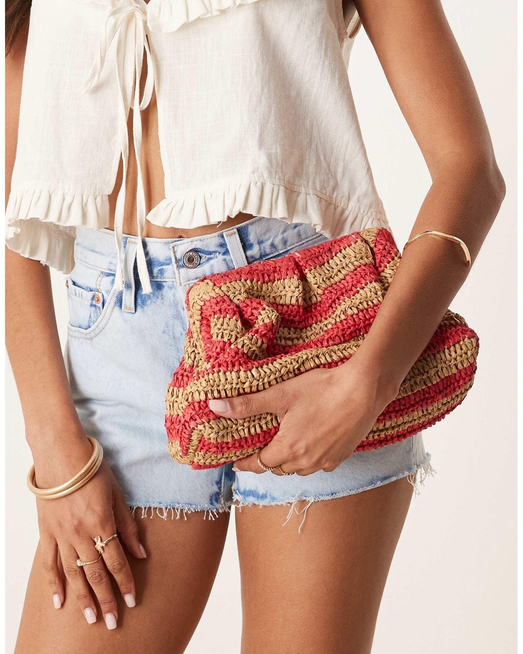 ASOS Straw Crochet Striped Grab Clutch in Red | Lyst