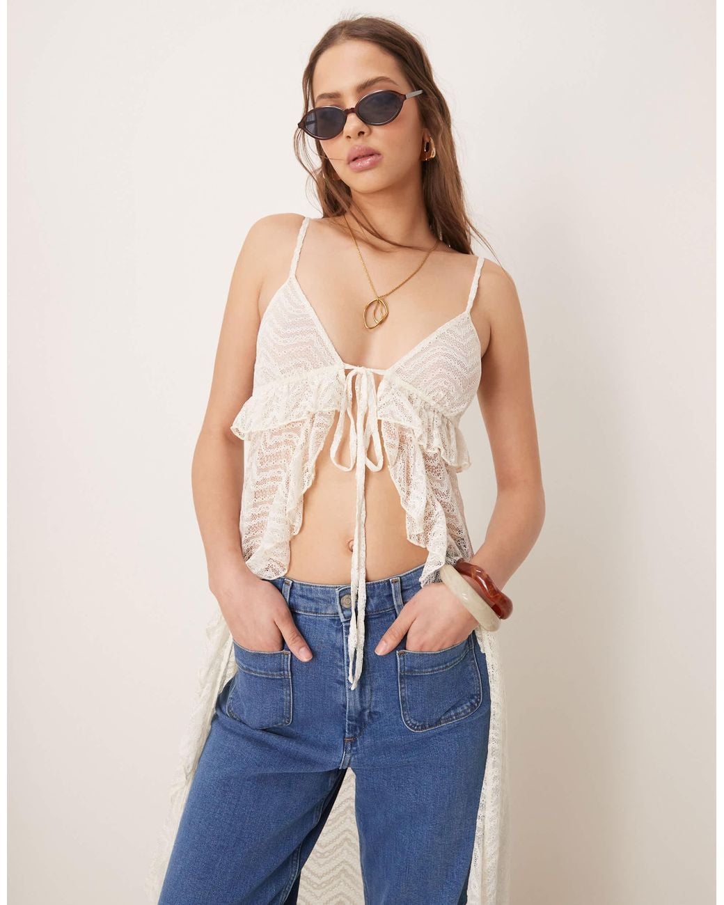 Asos Longline Slit Front Sheer Lace Ruffle Cami Top In Blue Lyst