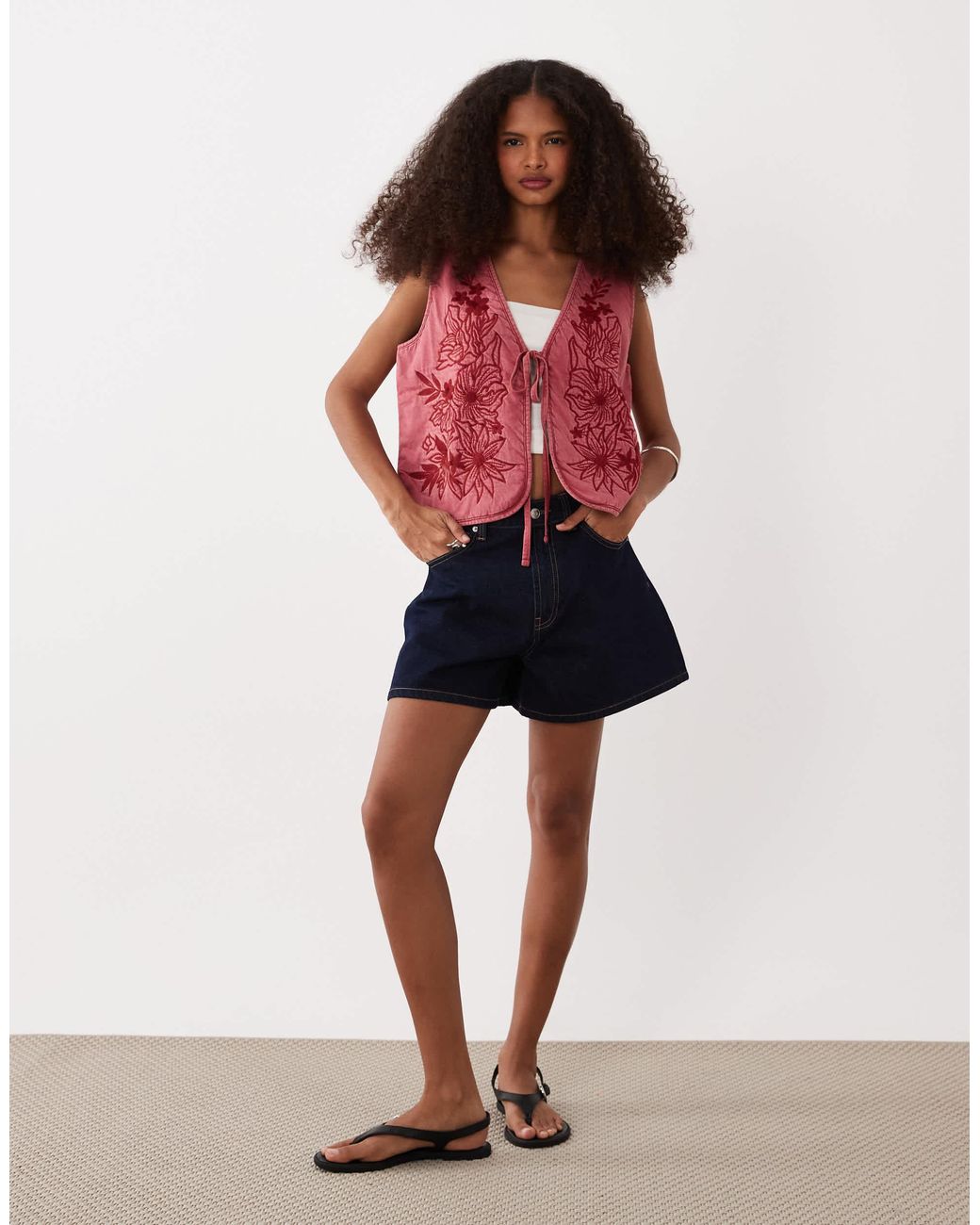 ASOS Quilted Padded Waistcoat With Floral Design in Red | Lyst