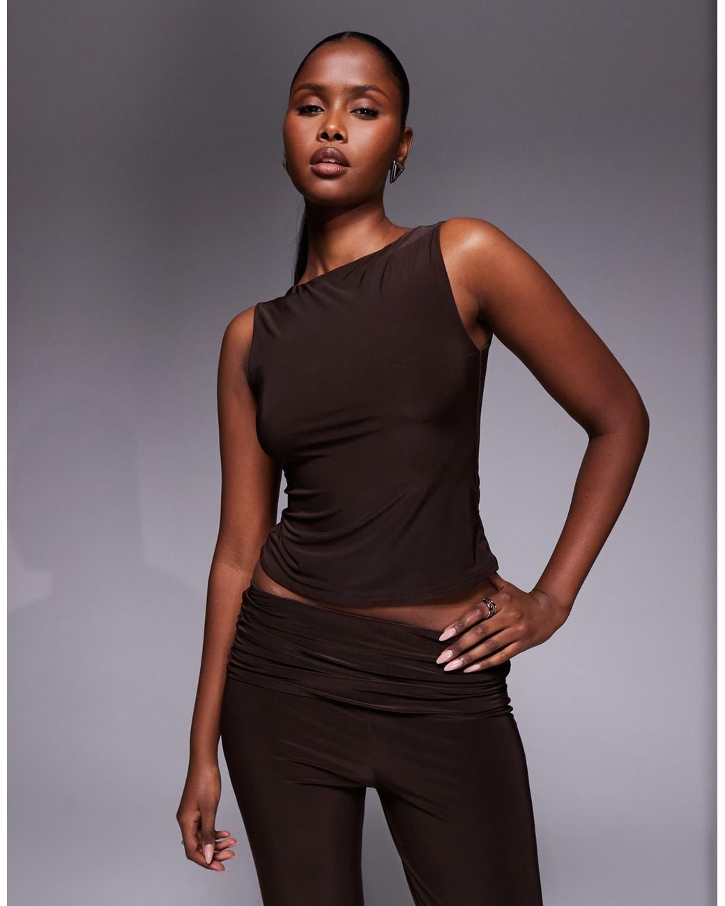 Kaiia Exclusive Double Layered Slinky Slashneck Top Co-ord in Brown | Lyst