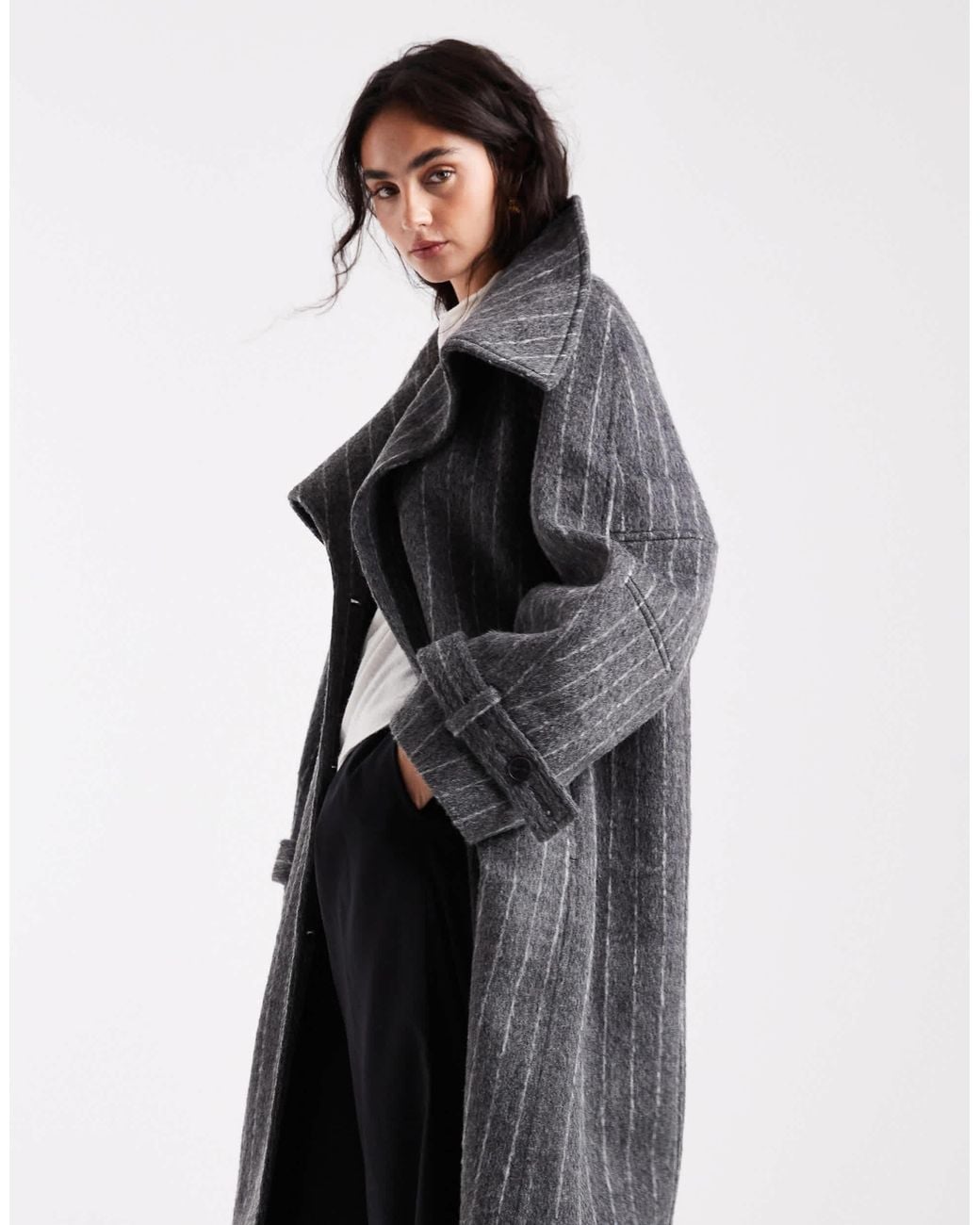 ASOS Longline Wool Blend Funnel Neck Coat in Gray | Lyst