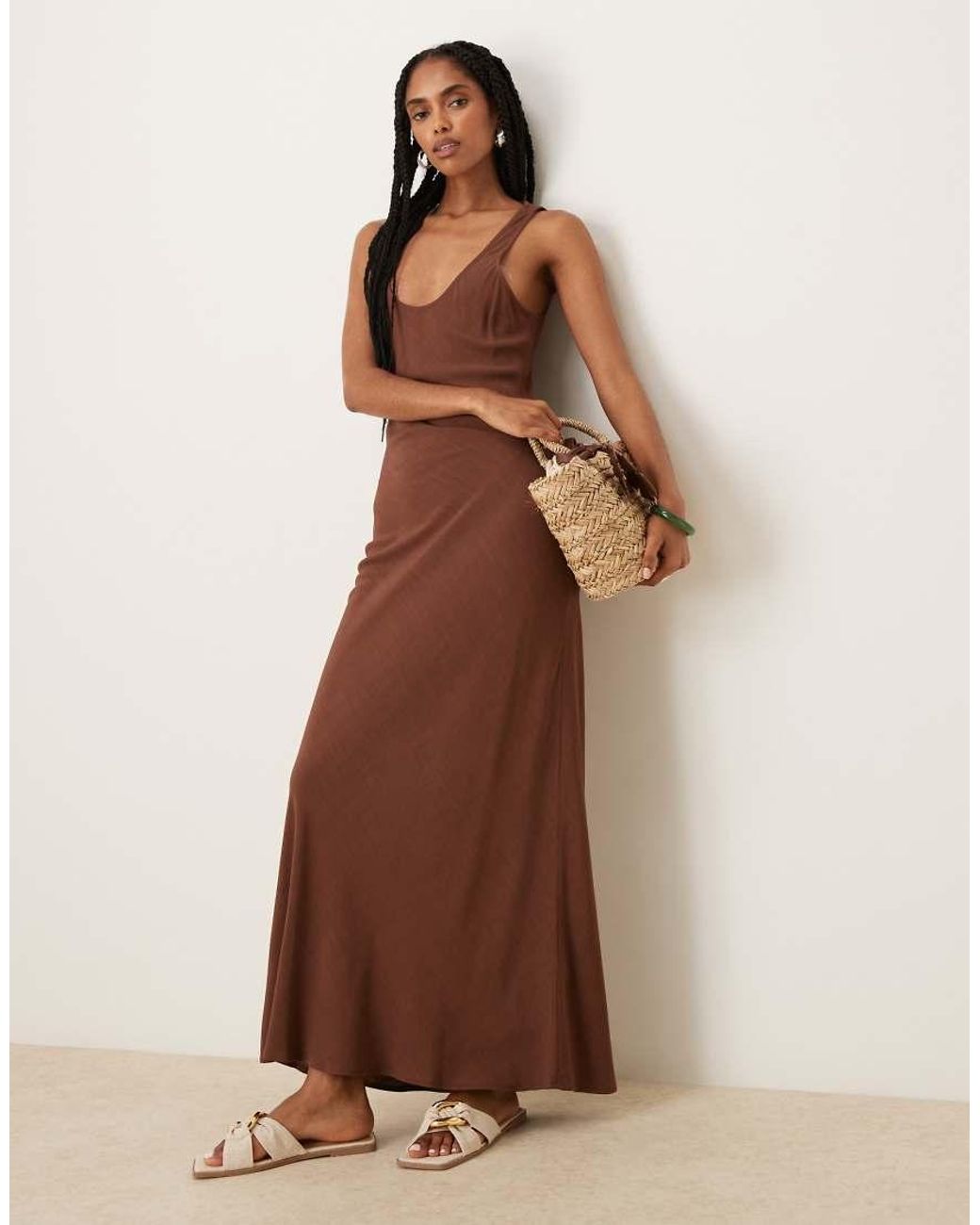 ASOS Bias Slip Linen Look Maxi Dress in Brown | Lyst UK