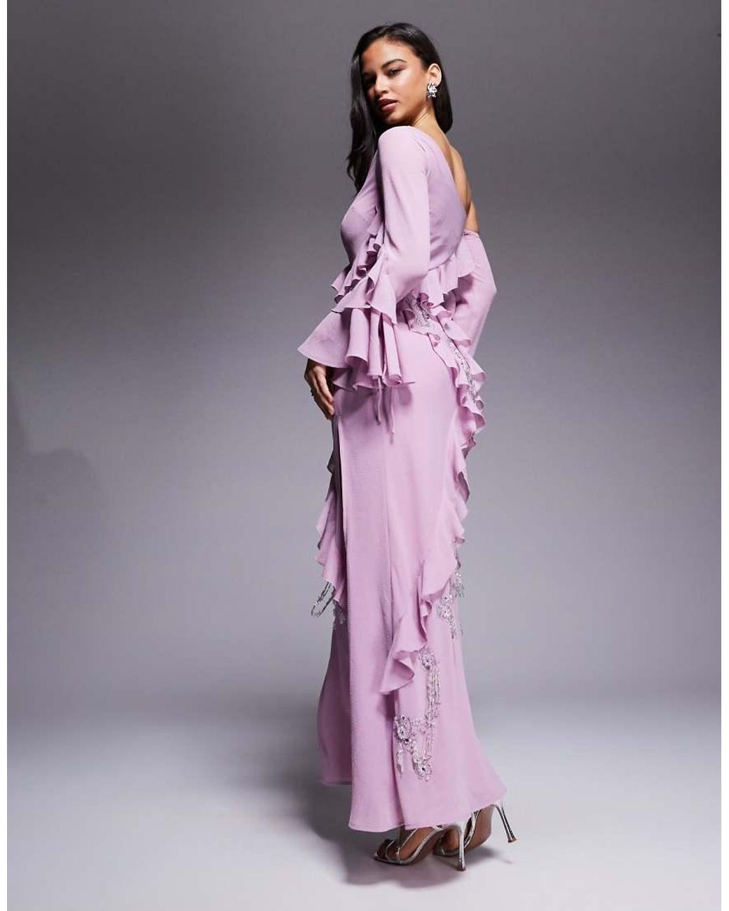 ASOS Raw Edge Ruffle Embellished Maxi Dress With Asymmetric Sleeves in ...