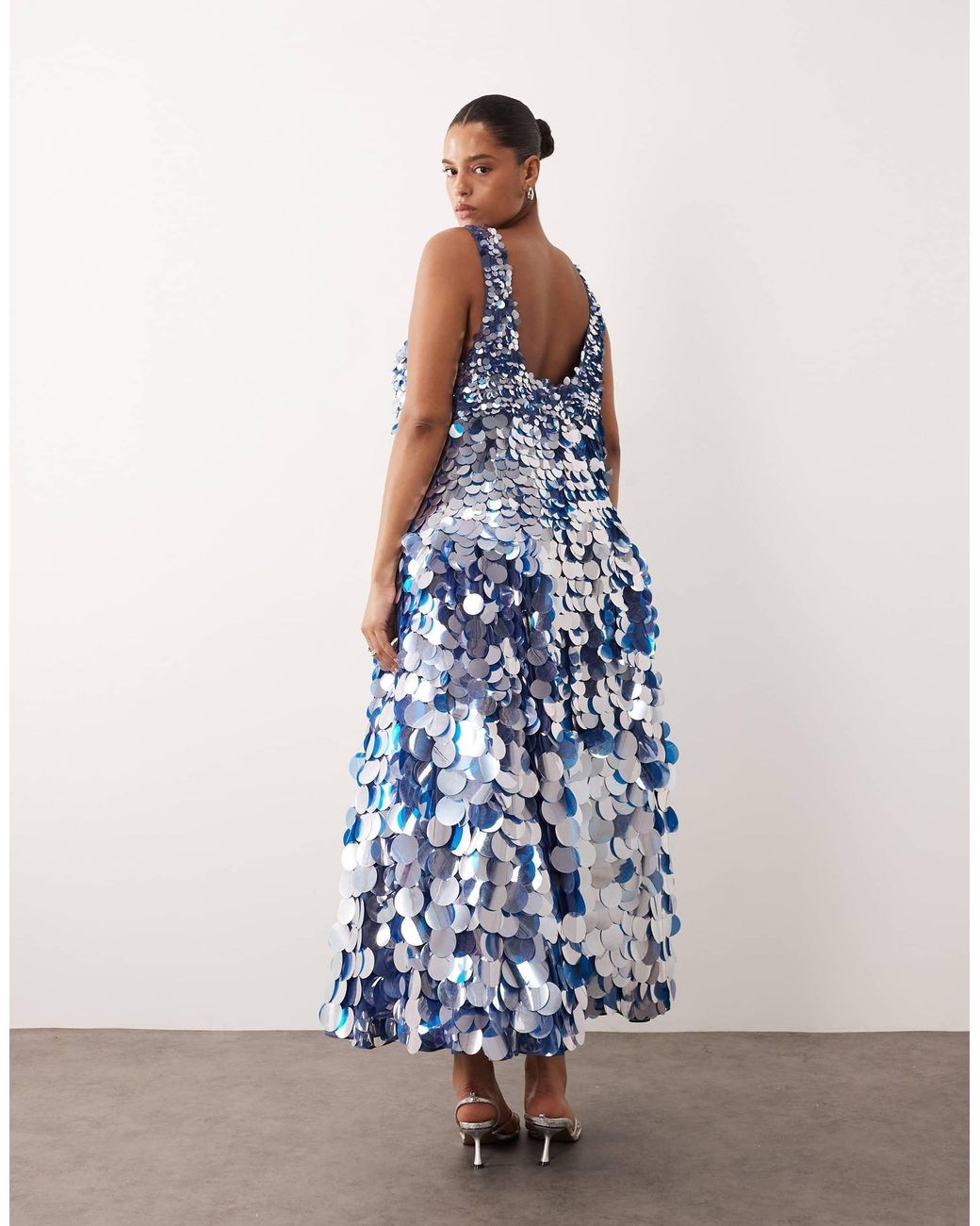 ARRANGE Curve Embellished Disc Sequin Square Neck Full Skirt Midi Dress ...