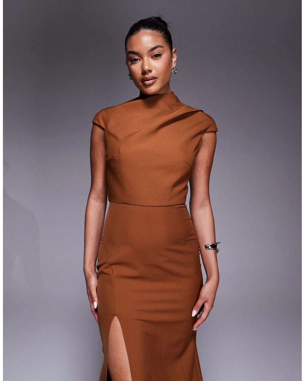 Jarlo High Neck Maxi Dress With Thigh Split in Brown | Lyst