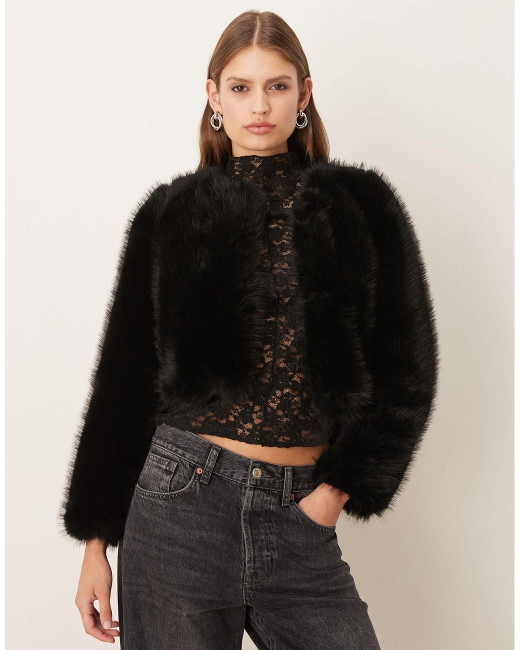 Mango Collarless Cropped Faux Fur Jacket in Black | Lyst