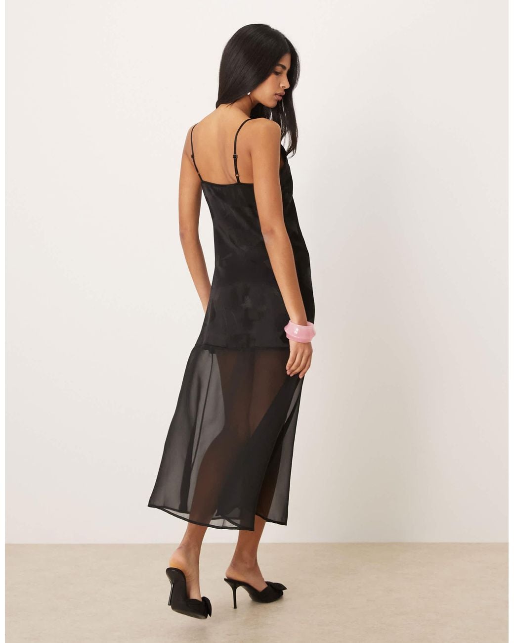 ASOS V Neck Satin Slip Maxi Dress With Sheer Skirt in Natural | Lyst
