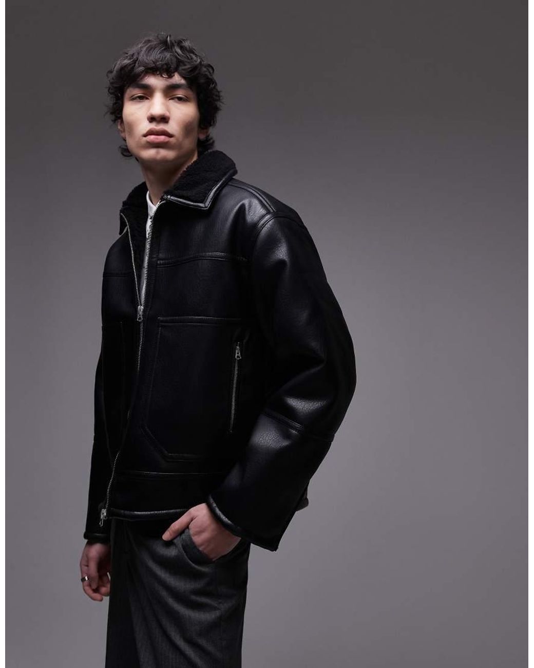 TOPMAN Faux Leather Shearling Jacket With Pocket Detail in Black for ...