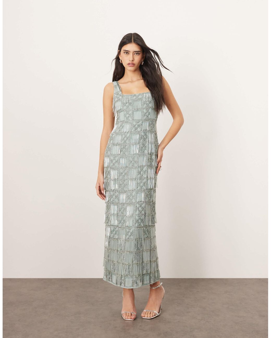 ARRANGE Grid Embellished Square Neck Maxi Dress With Fringe Detail in ...