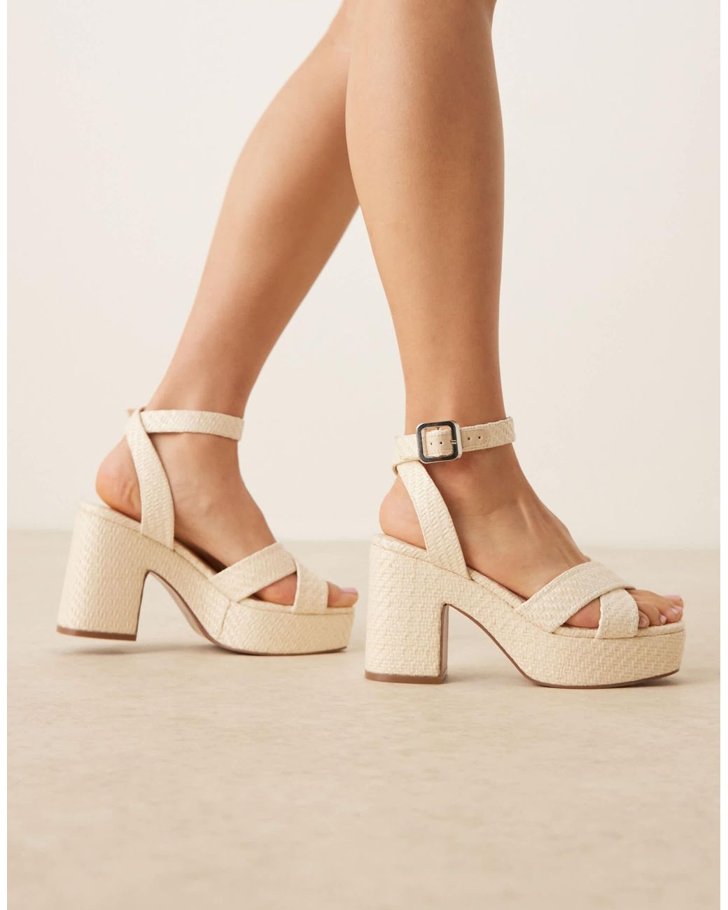 ASOS Wide Fit Henley Platform Mid Heeled Sandals in Natural | Lyst