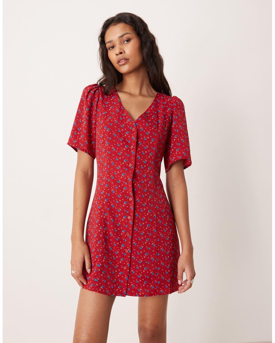 Glamorous Short Sleeve Button Down Mini Dress in Red | Lyst