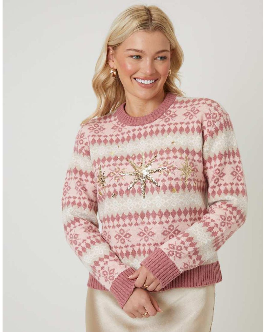 Threadbare Knitted Sequin Fairisle Christmas Jumper in Pink | Lyst UK