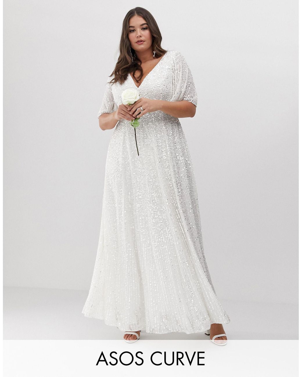 ASOS Asos Design Curve Flutter Sleeve Sequin Maxi Wedding Dress in White | Lyst