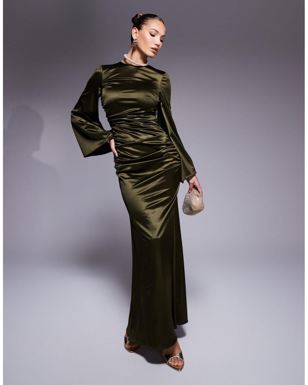 True Violet Satin Angel Sleeve Maxi Dress in Green | Lyst