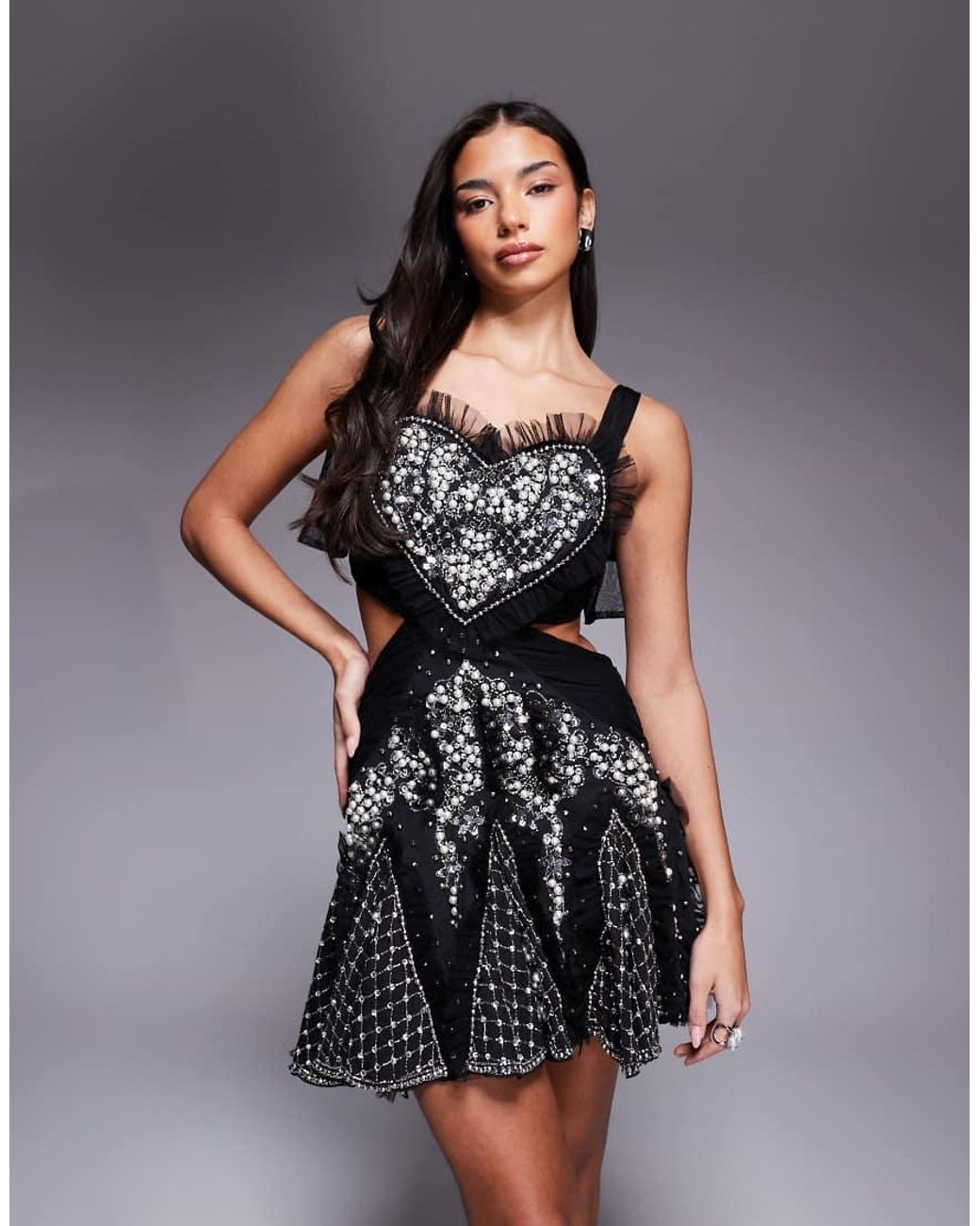 ASOS Pearl Embellished Heart Bust Skater Mini Dress in Black | Lyst UK